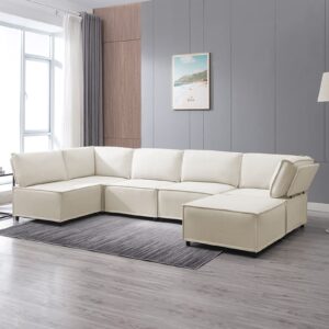 mixoy convertible sectional sofa, u/l shaped modular couch with ottoman, sleeper sofa & oversized couch for living room, apartment - beige