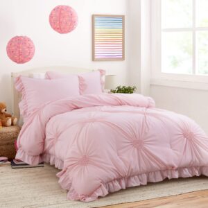 hombys pink bedding comforter set for girls, 3 piece blush pinch pleat comforter set with ruffles for all season，twin size