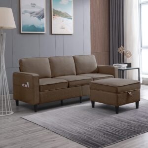 cecer convertible sectional sofa couch, 3-seat l-shaped couch with storage ottoman, couches with linen fabric, chasie lounge for small space-apartment/upstairs loft/living room (coffee)