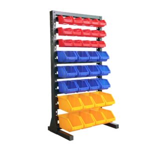 rack hanging bin storage system heavy duty steel organizer shelving unit w/ 70 plastic bins in 8 tiers. grey metal