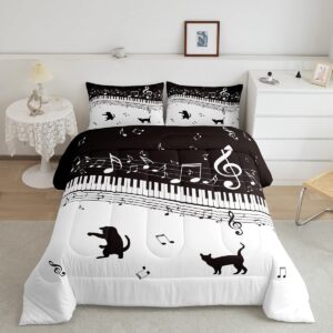 homewish piano comforter set queen size black musical notes bedding set 3pcs for kids teens girls music lover room decor cat pet silhouette quilt set white microfiber duvet insert,2 pillowcases