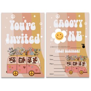 soiceu retro first birthday groovy one birthday party invitations with envelopes set of 20 vibe peace love hippie 70s 1st birthday party invites fill in blank