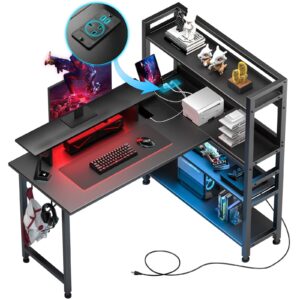 comhoma gaming l shaped computer desk, 55" home office desk with shelves, l shape computer corner desk with charging port, gaming table power outlet build in, led writing desk with monitor stand black