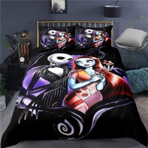 ankeyoo nightmare christmas bedding set valentine's day decor gifts present jack skellington sally bed comforter cover 1pc duvet cover with 2pcs pillowcases (full)