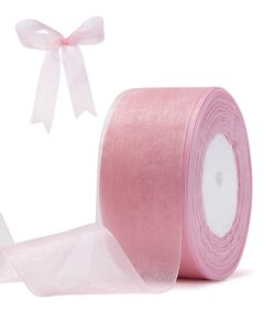 pink organza ribbon for gift wrapping, fakilo 2 inch shimmer sheer wrapping ribbon for bouquet, wedding, christmas gift - 50 yards each roll