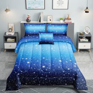 rowadalo 6 pieces blue gradient glitter sparkles comforter set full size,galaxy starry sky bedding sets 6 pcs bed in a bag for kids teen ultra soft all-season girls comforter set,djt-gb5002 full