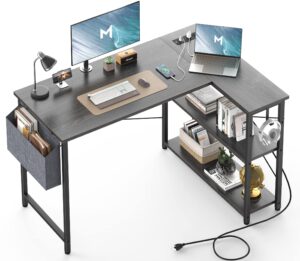 mr ironstone l shaped desk with outlets & usb ports, reversible 47 inch office desk, corner desk for small space, home office desk with storage bag & hook, black oak