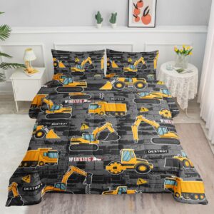 datura home kids engineering car bedding comforter set tractor truck printed pattern bedding set with 1 comforter and 2 pillowcases for boys bedroom all season(truck2 twin), twin 68x86inches