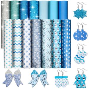 whaline 14pcs christmas winter faux leather sheets glitter blue snowflake snowman dots stripes plaids leather fabric christmas synthetic leather for xmas diy crafts earring hair bow making supplies