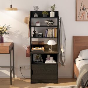 likimio nightstand, 55" tall end side table with charging station and storage cabinet, small bookshelf, for living room office bedroom, vintage black