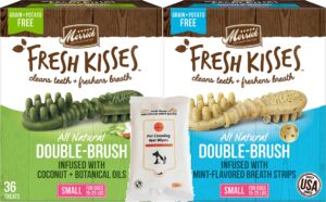 aurora pet variety pack (2) merrick fresh kisses double-brush small dental dog treats (1) coconut + botanical oils (1) mint-flavored breath strips with aurorapet wipes