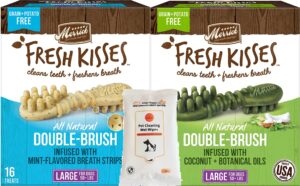 aurora pet variety pack (2) merrick fresh kisses double-brush large dental dog treats (1) coconut + botanical oils (1) mint-flavored breath strips with aurorapet wipes