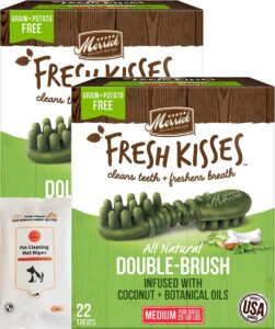 aurora pet bundle pack (2) merrick fresh kisses double-brush coconut + botanical oils infused medium dental dog treats grooming wipes