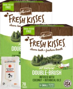 aurora pet bundle (2) merrick fresh kisses double-brush coconut + botanical oils infused x-small dental dog treats with aurorapet wipes