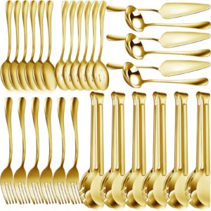 30 pcs stainless steel serving utensils set serving flatware set include large serving spoons slotted spoons serving forks soup ladle pie server and serving tongs for buffet party (gold)