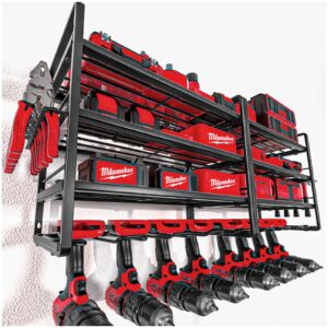 amoowis power tool organizer wall mount, 4 layers power tool storage rack, drill holder storage, cordless tool organizer, garage organization and storage, floating tool shelf for pegboard