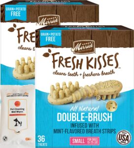 aurora pet bundle pack (2) merrick fresh kisses double-brush mint breath strip infused small dental dog treats with aurorapet wipes