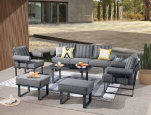 ovios patio furniture set 6 pieces outdoor aluminum sofa couch with coffee table ottomans cushions high back sofa all weather conversation set, black-grey stripe