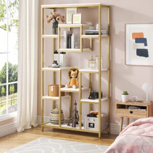 tribesigns bookcases and bookshelves, 71” tall bookshelf with metal frame, freestanding geometric bookcase with open display shelf for living room, bedroom, home office, white and gold