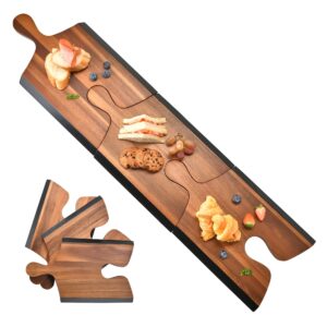 shanik acacia wood cheese board set with puzzle handles, set of 3, natural wood party serving platter for charcuterie meat, cheeses, and wine appetizers, gift bundle with engraving