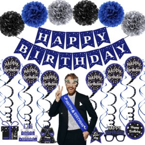 birthday decorations blue black, happy birthday party decorations for men women boys girls, happy birthday banner, double-sided bday pattern card, birthday sash, pompoms, hanging swirl bday decor set