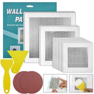 tuzazo 12 pack drywall repair kit, 4/6/8 inch aluminum fiber mesh dry wall repair patches with scraper and sandpaper, self-adhesive for ceiling plaster wall hole easy solution