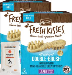 aurora pet bundle pack (2) merrick fresh kisses double-brush mint breath strip infused large dental dog treats with aurorapet wipes