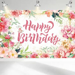 happy birthday backdrop banner for girls women, large pink watercolor floral birthday banner, fabric flowers happy birthday photo background for spring birthday baby shower party decorations supplies