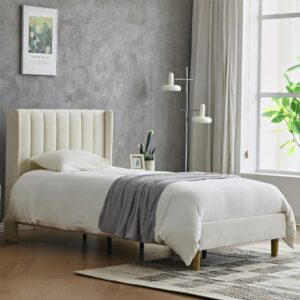 yuhuashi upholstered platform bed frame/twin bed frame/modern geometric double-wing design headboard/velvet fabric/easy to assemble no noise (cream, twin)