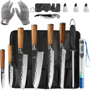 fullhi 12pcs butcher chef knife set include sheath high carbon steel cleaver kitchen knife whole tang vegetable cleaver home bbq camping with knife bag,meat thermometer