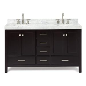 ariel double bathroom vanity 60" espresso, 2" edge italian carrara marble countertop & splash, rectangular sinks, 4 soft closing doors, 6 full extension dovetail drawers, brushed nickel