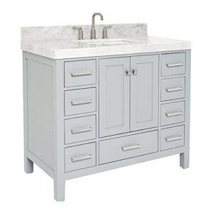 ariel cambridge 42 inch bathroom vanity with sink, grey bathroom vanity, solid wood vanity cabinet, carrara marble top, 2-inch edge, rectangular undermount sink, 2 soft closing doors, 9 drawers