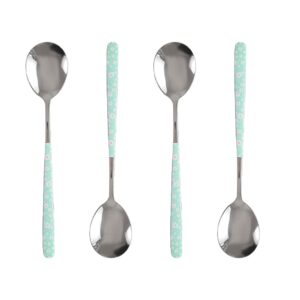 stainless steel soup spoon,korean dessert spoon,green daisy mixed color spoon for home, kitchen or restaurant, set of 4 green daisy colour soup spoons, 8 inches.