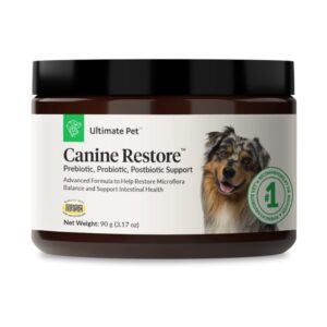 ultimate pet nutrition canine restore, prebiotic, probiotic, postbiotic, digestive health, immunity support, vet formulated, powder, food topper