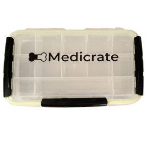 medicrate dog storage organizer - multipurpose organizational box for storing treats, medication, poop bags, pet supplements & chews - adjustable container compartments for weekly/monthly planning