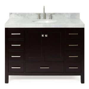 ariel bathroom vanity 48" espresso with 2" edge italian carrara marble countertop & backsplash, center oval sink, 2 soft closing doors, 9 full extension dovetail drawers, brushed nickel