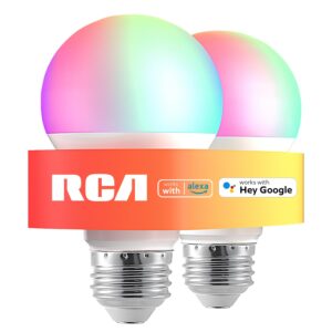 rca smart light bulbs, multicolor led, wifi, dimmable color changing light bulb, 800 lumens 10w, alexa & google home compatible, 60w eq a19 rgb light, 2.4ghz only, no hub req, 2-pk