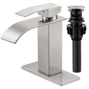 kzh waterfall bathroom faucet,single handle 1 or 3 hole bathroom sink faucet washbasin faucet,rv vanity faucet with deck plate, pop-up drain and supply hoses brushed nickel