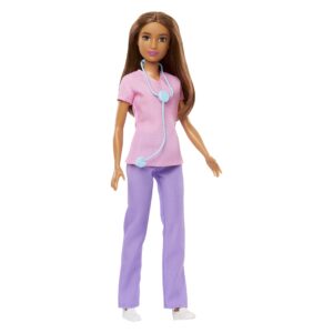 barbie professional doctor fashion doll with pink top & purple pants, white shoes & stethoscope accessory