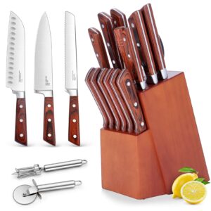 kitchen knife block set, e-far 17-piece high carbon forged stainless steel knife sets includes chef utility paring steak serrated bread santoku knife sharpener - full tang design