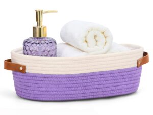 hlwdflz bathroom countertop organizer basket, cotton rope woven storage basket toilet paper decorative basket for bathroom, bedroom, living room, entryway 13"x6.3"x4.3" (off white/purple)