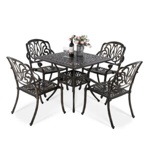 vivijason 5-piece outdoor cast aluminum patio dining set, all-weather conversation furniture set, include 4 chairs and a 35.4 inch square table w/umbrella hole for balcony, lawn, garden, backyard