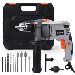 towallmark 7.5-amp hammer drill with aluminum alloy housing, 1/2-inch corded electric hammer drill with 3000rpm, variable speed, 15 drill bits with toolbox for home improvement, diy