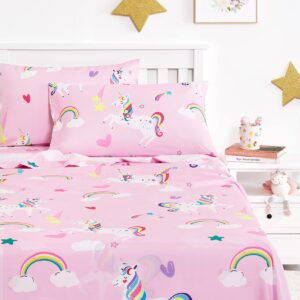 wake in cloud - unicorn bed sheets for girls, 4-piece sheets set kids, cute colorful rainbow magical unicorns stars cloud printed soft lightweight bedding, deep pocket, pink, twin size