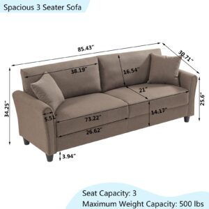 mikibama 85 Inches Mid-Century Modern Couch 3 Seater Long Sofa with 2 Throw Pillows Linen Fabric Upholstered Sofa with Rolled Armrest for Living Room, Bedroom (Light Brown)