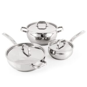 berghoff belly shape 18/10 stainless steel 6pc starter cookware set, metal lids, fast, evenly heat, induction cooktop ready