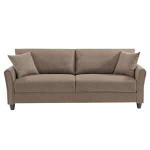 mikibama 85 Inches Mid-Century Modern Couch 3 Seater Long Sofa with 2 Throw Pillows Linen Fabric Upholstered Sofa with Rolled Armrest for Living Room, Bedroom (Light Brown)