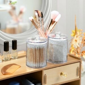 ALAZA Silver Cotton Ball Holder Shiny Silver Qtip Holder 2 Pack Cotton Swab Dispenser Round Pads Clear Plastic Acrylic Jar Set Bathroom Canister