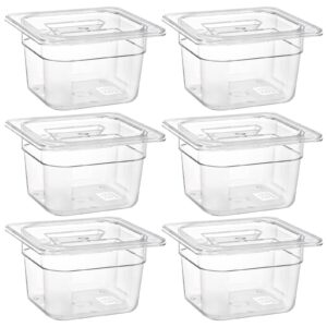 bekith 6 pack 1/6 size clear polycarbonate food pans with lids for kitchen restaurant food prep, 4 inches deep