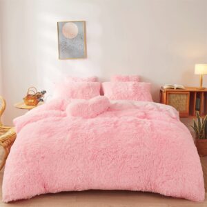 fluffy pink twin size comforter cover - ultra soft plush bedding set with faux fur and fuzzy pillowcase for girls bedroom (light pink)